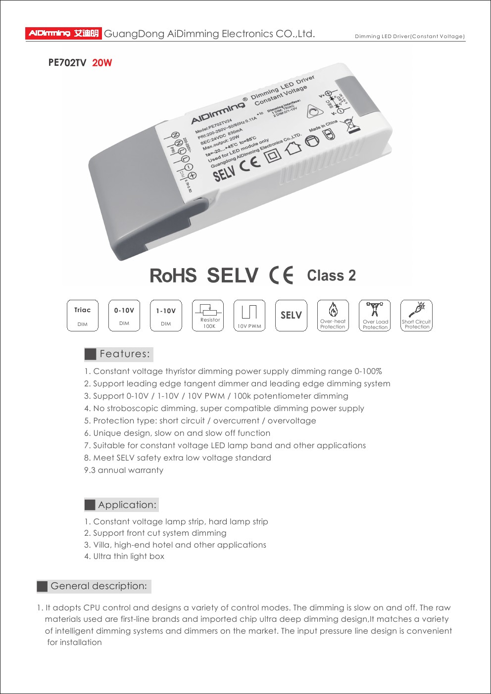 20W 12Vdc Triac CV Dimmable Driver PE702TV12