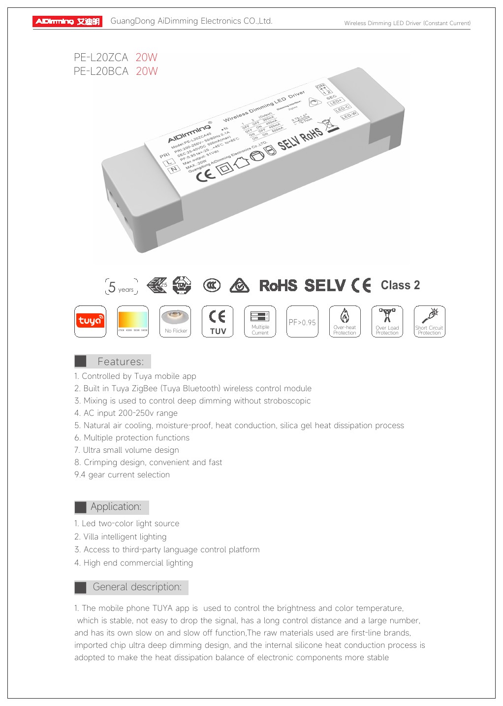 20W TUYA Zigbee CC tunable white LED driver PE-L20ZCA
